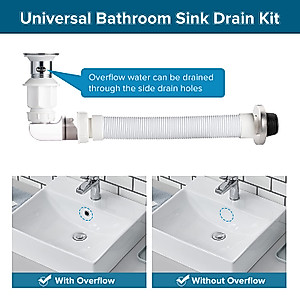 JEAPHA 2 in 1 Bathroom Sink Drain Kit with Flexible & Expandable P-trap pipe for bathroom sinks, Pop Up Drain for 1-1/2'' Drain Hole Extension Hose Tail Pipe, Fits Overflow or No Overflow Vessel Sink