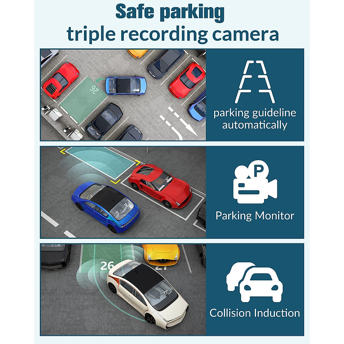 3 Channel Dash Cam Front and Rear Inside, 4K Full HD 170 Deg Wide Angle Dashboard Camera with 32GB SD Card,2.0 inch IPS Screen,Built in IR Night Vision,G-Sensor,Loop Recording,24H Parking Recording