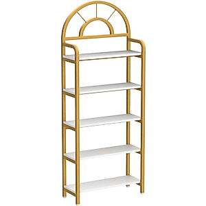 Tribesigns White and Gold Arched Bookshelf 5 Tier Bookcase, Gold Shelves for Living Room Freestanding Tall Display Shelf, Decorative Shelf for Bedroom