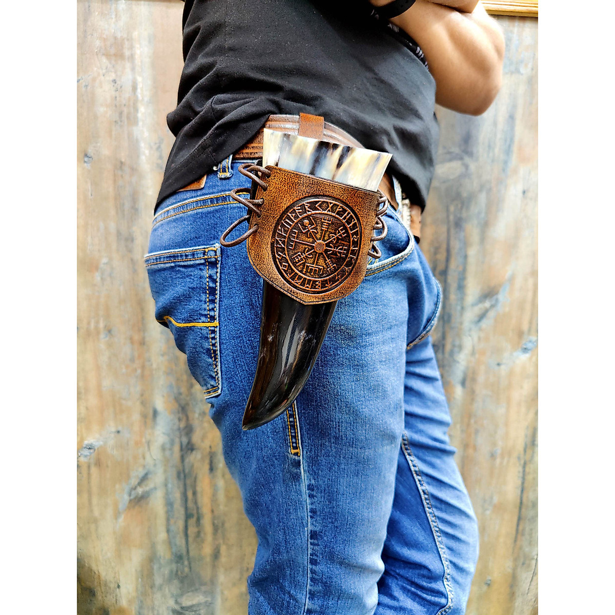 5MoonSun5's Medieval Viking Leather Belt Attachment Genuine Leather Hanger/Holster/Holder for 12" to 16'' Viking Drinking Horn Handcrafted Accessory securely attaching it to your belt, bag,or backpack