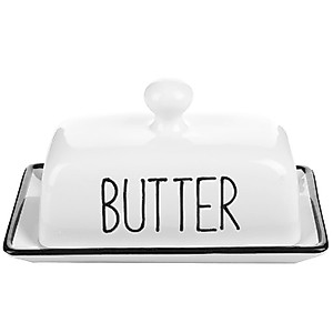 MyGift Retro Style White Ceramic Butter Dish with Lid, Countertop Butter Container with Black Rim and BUTTER Word Design