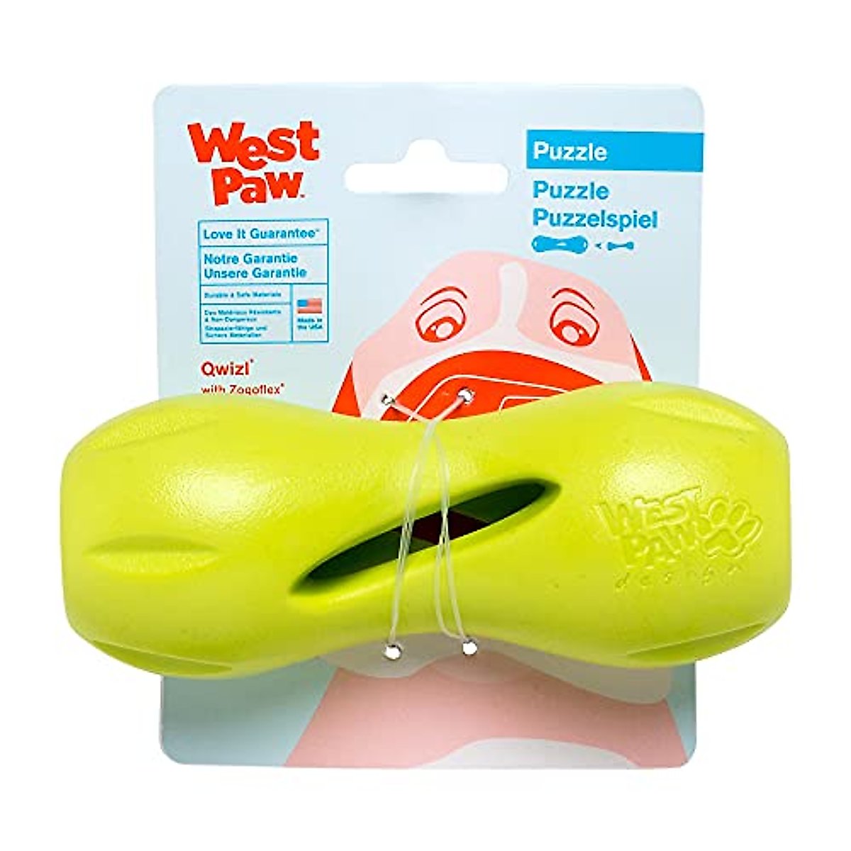 West Paw Zogoflex Qwizl Dog Puzzle Treat Toy – Interactive Chew Toy for Dogs – Dispenses Pet Treats – Brightly-Colored Dog Enrichment Toy for Aggressive Chewers, Fetch, Catch, Small 5.5", Granny Smith