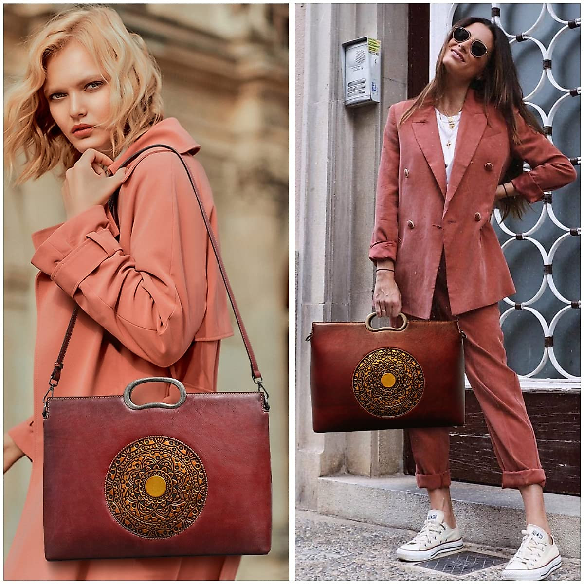 Genuine Leather Handbags for Women, Organizer Crossbody Bag Large Satchel Vintage Embossing Totem Shoulder Bag (Red)