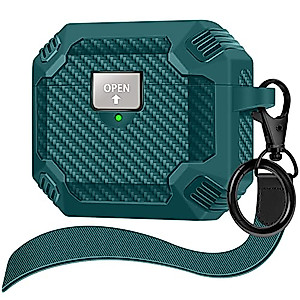 Youskin Airpod Pro Case Cover With Secure Lock Clip,Military Armor Series Full-Body Shockproof Hard Shell Protective for Men Women with Keychain Carabiner,Carbon Fiber Airpod Case for AirPod Pro,Green