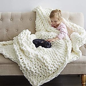 Chunky Knit Throw Blanket Soft Luxury Chenille Yarn Blanket for Farmhouse Boho Decor,Handmade Tight Braided Thick Cable Knit Throw for Bed,Couch,Beige,50x60.