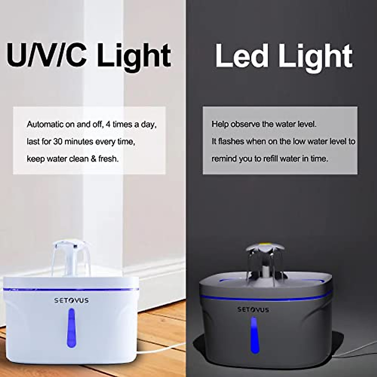 S-ETOVUS Cat Water Fountain, 84oz/2.5L Automatic Pet Water Fountain for Cats Inside, Cat Fountain Water Bowl with U/V/C Led Light, Dog Water Dispenser with Quiet Pump, Burn-Out Protection, 3 Filters