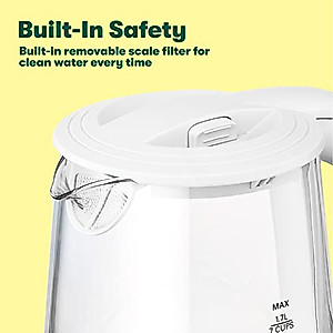 BELLA 1.7 Liter Glass Electric Kettle, Quickly Boil 7 Cups of Water in 6-7 Minutes, Soft Pink LED Lights Illuminate While Boiling, Cordless Portable Water Heater, Carefree Auto Shut-Off, White