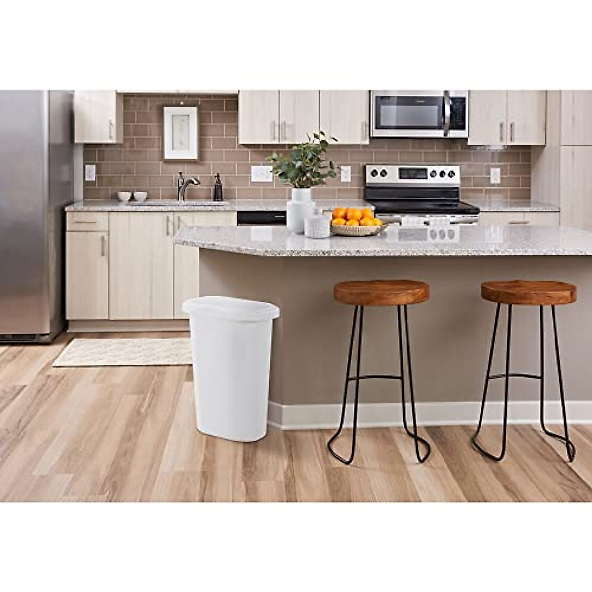 Rubbermaid 13.25 Gallon Rectangular Spring-Top Lid Kitchen Wastebasket Trash Can for Tall Trashbags, White (2 Pack)