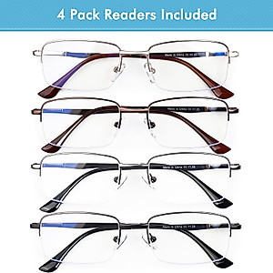 FelixAim 4 Pack Blue Light Blocking Reading Glasses for Men 3.0 Half Rim Metal Readers with Spring Hinge Computer Eyeglasses