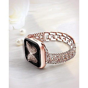 Bling Chain Bracelet Compatible with Apple Watch Band 41mm 40 mm 38mm Series 8 7 6 5 4 3 2 1 SE Women, beu1st Replacement iWatch Band Diamond Rhinestone Stainless Steel Metal Wristband Strap Rose Gold