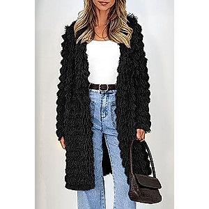 PRETTYGARDEN Women's Winter Faux Fur Jackets Fall Fashion Open Front Long Shaggy Coat Outerwear (Black,Medium)