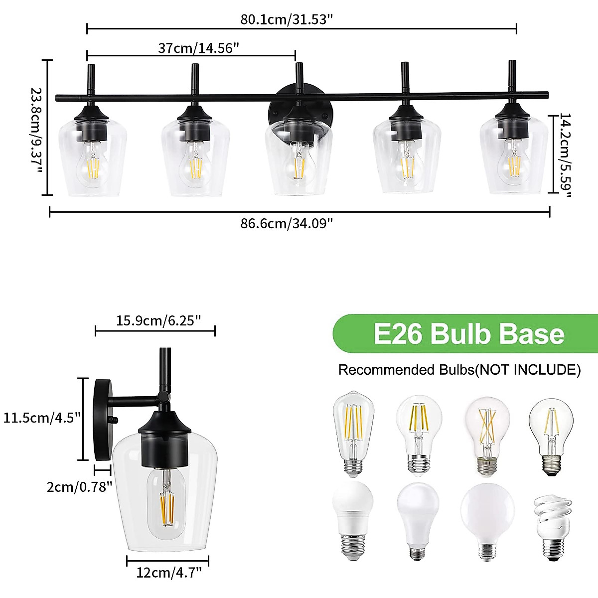 foucasal Black Bathroom Light Fixtures 5-Light Bathroom Vanity Light with Clear Glass Shade, Industrial Matte Bathroom Wall Lights for Bathroom Bedroom Hallway Living Room (E26 Base)