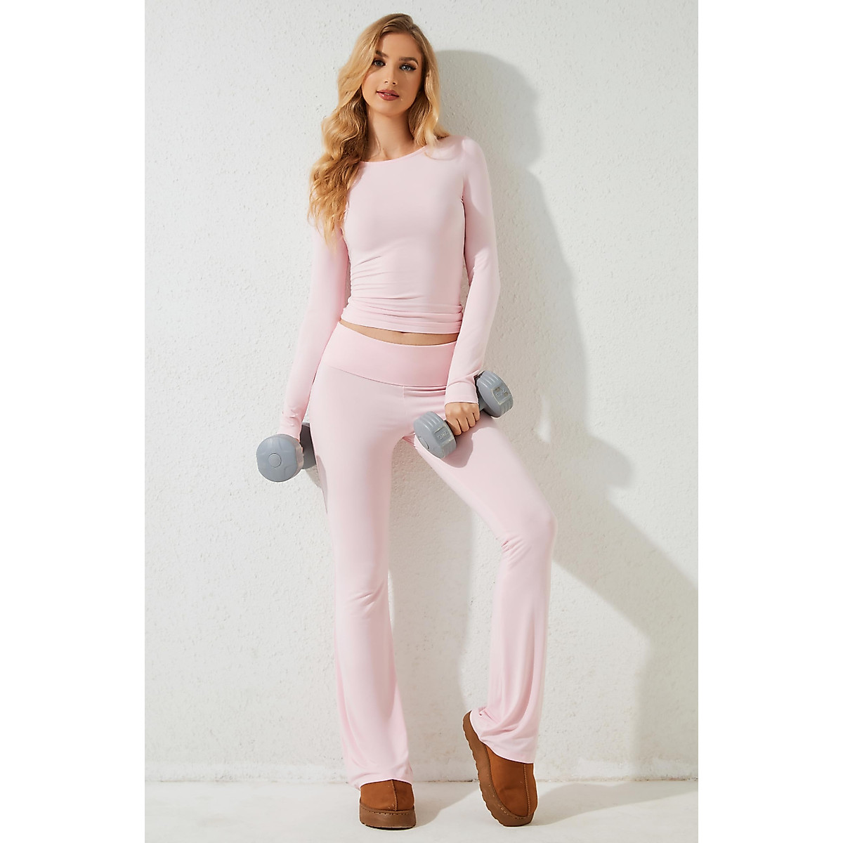 MISSACTIVER Women's Two Piece Outfit Basic Long Sleeve Crop Top and Low Rise Flare Pants Set Lounge 2 Piece Yoga Tracksuit（Pink, Medium