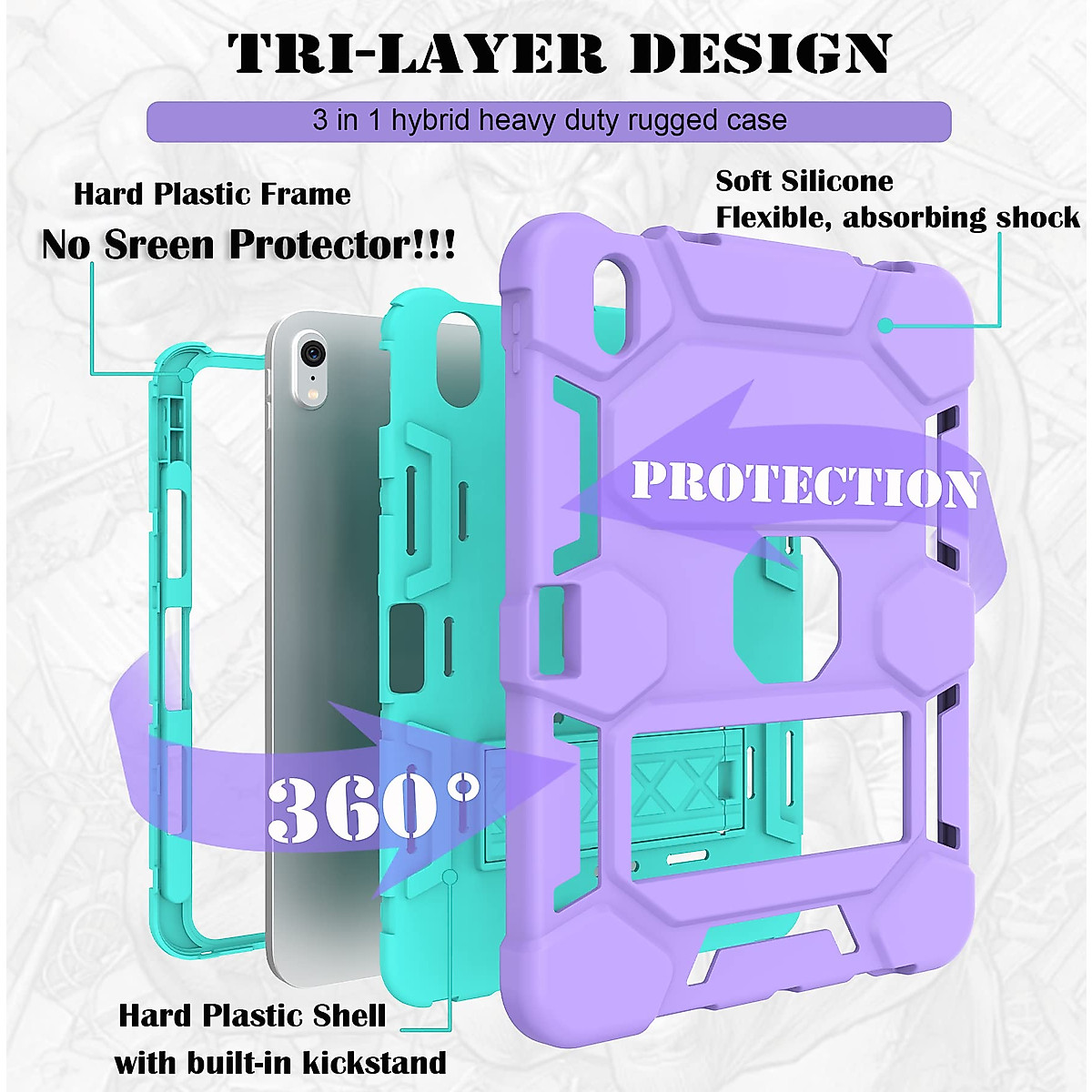 CCMAO for iPad 10th Generation Case 10.9 Inch 2022, iPad 10 Case with Kickstand & Pencil Holder, Heavy Duty Shockproof Hybrid Three Layer Protective Cover for Girls Women, Purple+Green