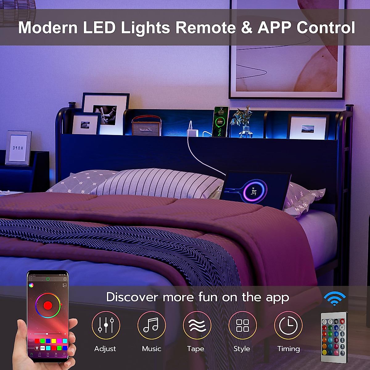 IKIFLY Queen Bed Frame with Storage Shelf Headboard & Charging Station - Metal LED Platform Bed with Strong Steel Slats, No Box Spring Needed, Noise Free, Industrial Vintage Design - Black