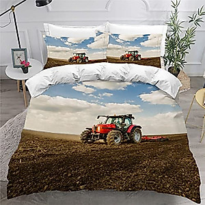 Quilt Cover Twin Size Tractor 3D Bedding Sets Agricultural Tractor Duvet Cover Breathable Hypoallergenic Stain Wrinkle Resistant Microfiber with Zipper Closure,beding Set with 2 Pillowcase