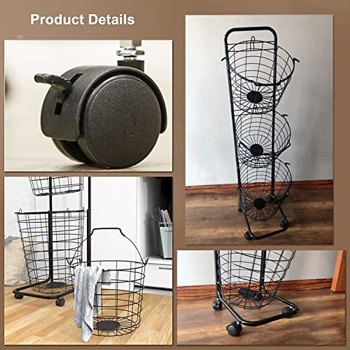 usego 3 Tier Laundry Basket with Rolling Lockable Wheels Wire Metal Sorter Storage Trolley Shelf Basket Durable Metal Sorter Clothes Storage Trolley Shelf with Removable Hamper for Organizing Clothes