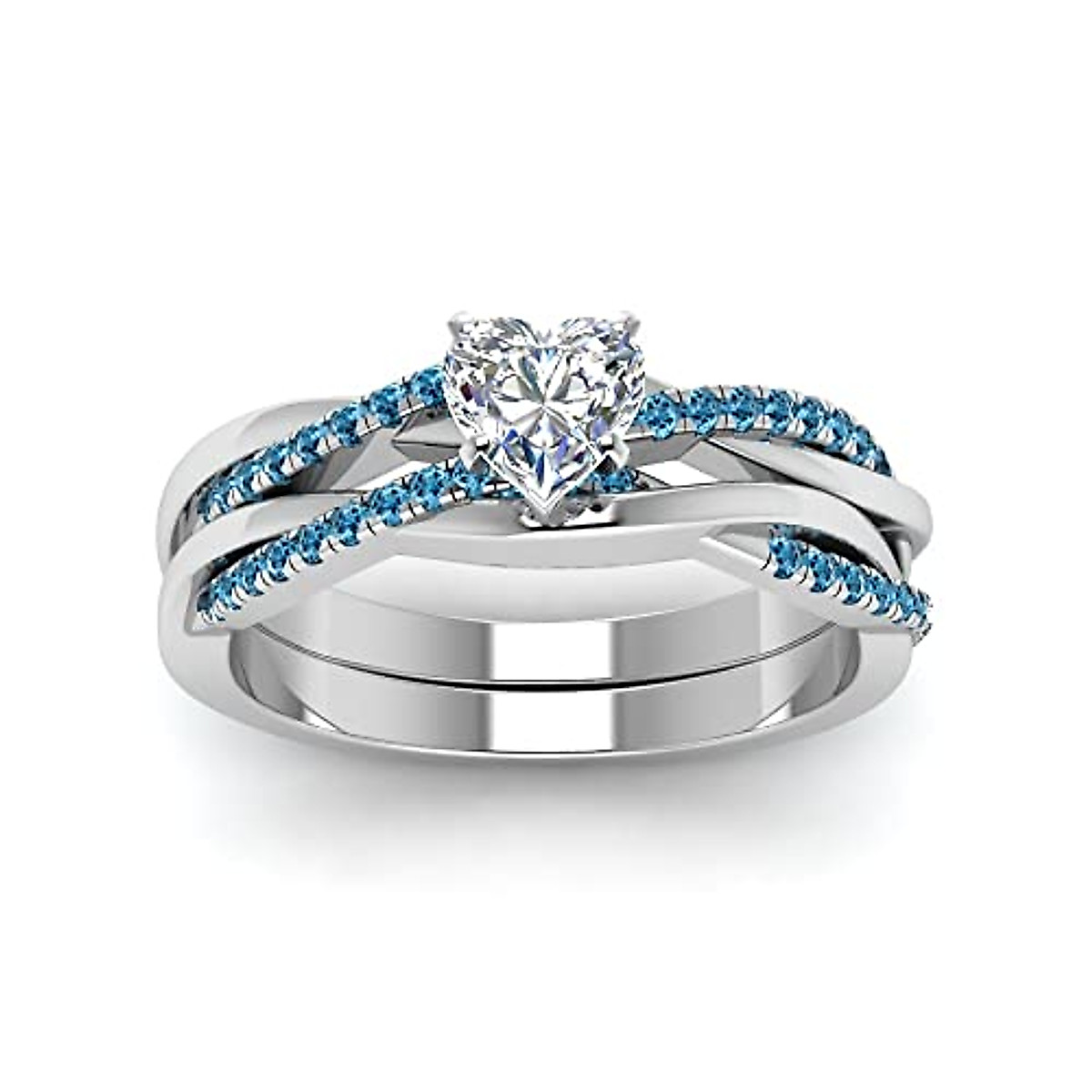 CaratYogi Infinity Twist Diamond Matching Set sterling silver Natural Blue Toapz Heart shape Blue color Wedding Ring Sets prong setting in Size 10 Party Wear Daily Wear Ornament