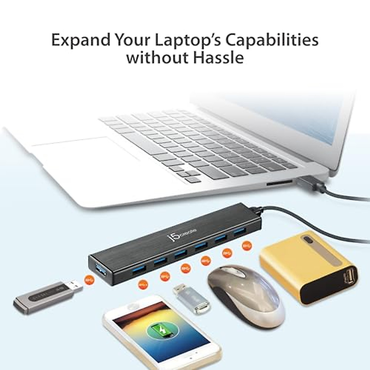 j5create 7-Port Powered USB 3.0 Data Hub with 3.3 ft Extended Cable [20W Power Adapter Included] for Mac, MacBook, Windows, Laptop, Surface, XPS, PC (JUH377)