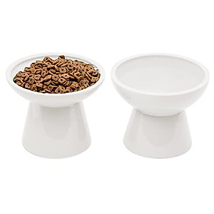 CEEFU 2 Extra Wide Raised Cat Food Bowl, Elevated Anti-Vomiting Cat Feeder Whisker Stress-Free Dog Two Bowls Ceramic Cat Feeding Bowls White
