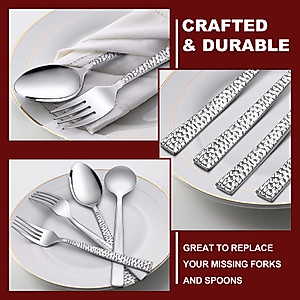 E-far 24-Piece Hammered Forks and Spoons Silverware Set, Stainless Steel Square 12 Dinner Forks and 12 Dinner Spoons, Modern Metal Flatware Cutlery for Kitchen and Restaurant, Dishwasher Safe-7.9 Inch