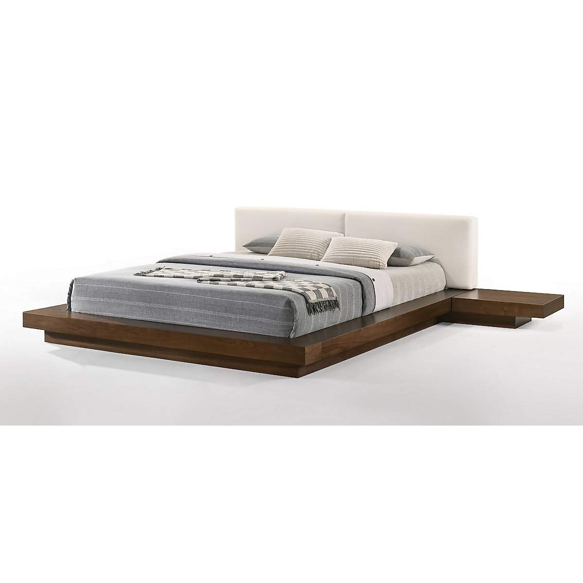 Limari Home Albina Collection Modern Style Bedroom Walnut Veneer Finished Leatherette Upholstered Platform Low Profile Bed, Eastern King, Brown, White
