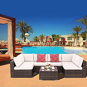 Polar Aurora 7 Pieces Outdoor Patio Sofa Set PE Rattan Wicker Sectional Furniture Outside Couch w/Washable Seat Cushions & Modern Glass Coffee Table