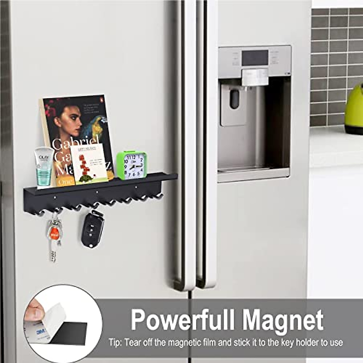 Volnamal Magnetic Key Holder for Wall Decorative - Premium Magnets Wall Mounted Key and Mail Organizer, Adhesive Key Rack Hanger for Entryway, Refrigerator with 8 Hooks(Black)
