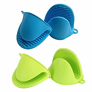 Beetoo 4PCS Silicone Oven Mitts Heat Resistant, Silicone Mini Oven Gloves Potholders for Kitchen Cooking Baking BBQ, Pinch Oven Mitts Pot Holder Rubber Oven Glove (Blue, Green)