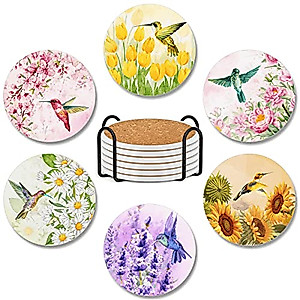 VAATOO Pack 6 Coasters Hummingbird Flower Absorbent Ceramic Coasters with Cork Base Drink Square Single Coaster Coffee Table Cup Car Kitchen Decor Birthday Gifts for Family Women Adults