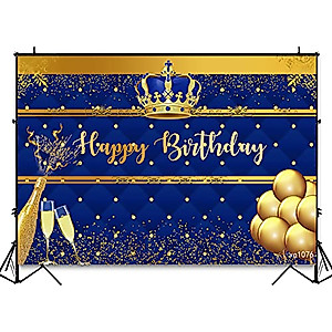 InMemory Royal Blue and Gold Birthday Backdrop for Men Golden Crown Champagne Balloons Happy Birthday Background Boys Womens Bday Party Event Decoration Banner Selfie Photo Booth Supplies Prop 5x3ft
