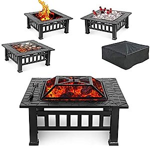 HEMBOR 32" Outdoor Fire Pit Table with Grill, Wood Burning Fireplace Bowl, Multi-Function Square Stove, w/Spark Screen, Poker, Rainproof Cover for Picnic, Camp, Bonfire, BBQ, Patio, Backyard, Party