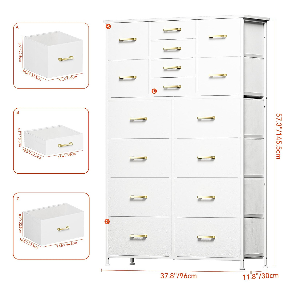 YILQQPER Tall Dresser for Bedroom,16 Drawer Dressers & Chests of Drawers, White Fabric Bedroom Dresser with Wood Top, Metal Frame, Tall Storage Tower for Closet Entryway, White