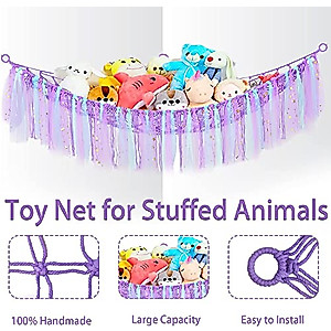 Stuffed Animal Hammock, Stuffed Animal Storage Net, Hanging Plush Net Hammock for Dolls, Toy Hammock Holder Boho Wall Corner Hammock Organizer inc Hooks, Stuffed Animal Toy Bags & Nets (Purple)