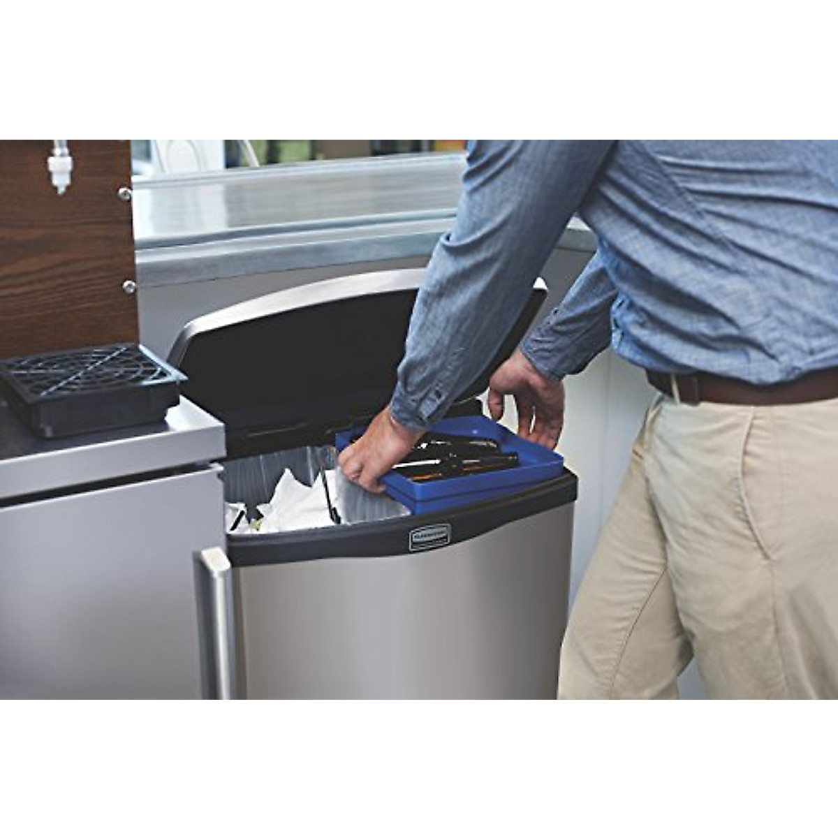 Rubbermaid Commercial Products 1902001 Rubbermaid Commercial Slim Jim Stainless Steel Front Step-On Wastebasket with Trash/Recycling Combo Liner, 24 gal, Black Trim