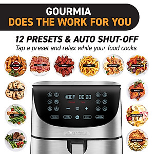 Gourmia Air Fryer Oven Digital Display 7 Quart Large AirFryer Cooker 12 Touch Cooking Presets, XL Air Fryer Basket 1700w Power Multifunction GAF778 Black and stainless steel air fryer FryForce 360°