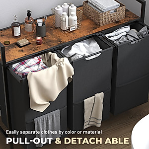 YESHOMY Laundry Sorter with Shelf, 3 Removable & Pull-Out Hamper Bags with Side Pockets, Large Clothes Organizer with Rolling Lockable Wheels, 3 x 12 Gal, Black