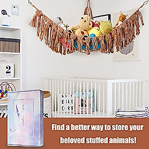 HKCDUUT Stuffed Animal Hammock, Macrame Boho Plush Toy Storage Net, Hanging Hammock for Stuffed Animals Pet, Wall Corner Toy Storage Holder Teddy Bear Net for Nursery Kids Bedroom, Caramel
