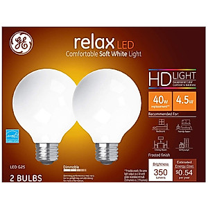 GE Lighting Relax LED Globe Light Bulbs, 4.5 Watts (40 Watt Equivalent) Soft White HD Light, Frosted Finish, Medium Base, Dimmable (2 Pack)