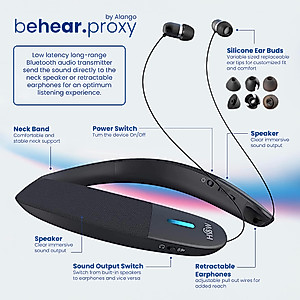 BeHear PROXY: Wireless Bluetooth Neckband Speaker & Retractable Earbuds, TV Hearing Device & Amplifier for Enhanced Audio & Calls, High-Fidelity Sound System for TV Listening & Pocket Talker