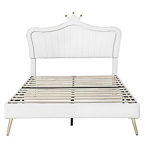 DEINPPA Queen Princess Platform Bed with Upholstered Led Headboard, Kids Bed Frame with Crown Element Design, No Box Spring Need, for Kids Toddler Children, PU-White