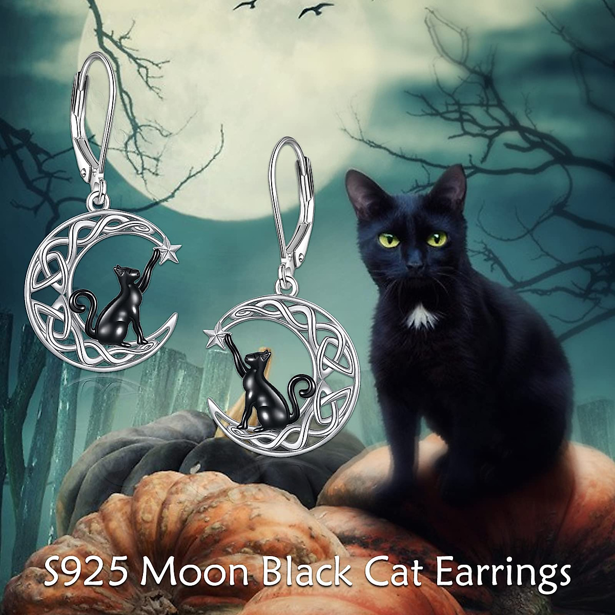 SHEAISRS Black Cat Earrings for Women 925 Sterling Silver Celtic Moon Leverback Earrings Crescent Moon Earrings Dangle Black Cat Jewelry