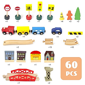 WoodenEdu 60Pcs Train Set for Toddlers, Bridge & Double-Side Wooden Train Set Tracks, Fits Brio, Thomas, Melissa and Doug, Kids Gift Toys for 3 4 5 Years Old Boys Girls