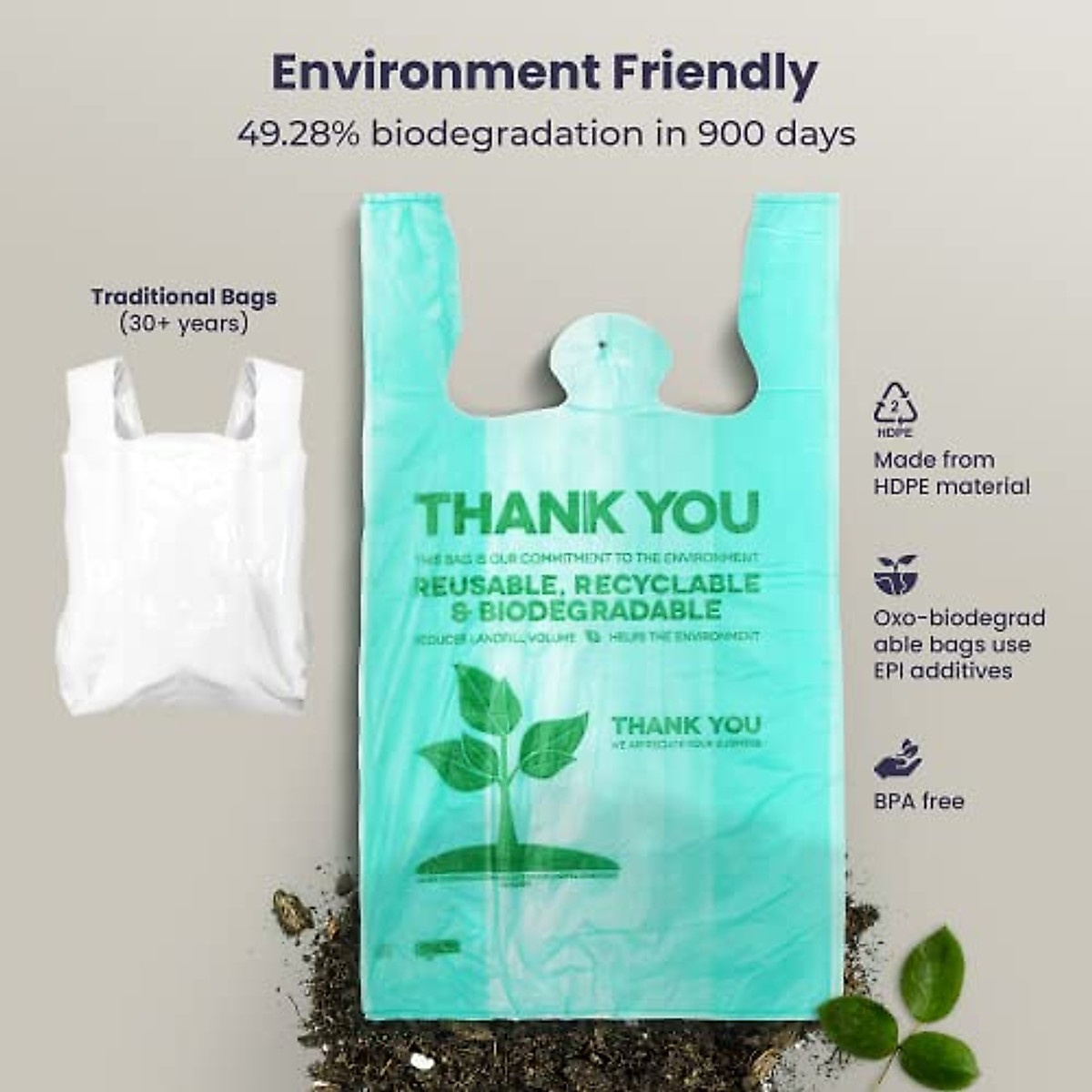 [100 Pack] Reusable Plastic T-Shirt Bag Eco Friendly Grocery Shopping Thank You Recyclable Trash Basket Bags