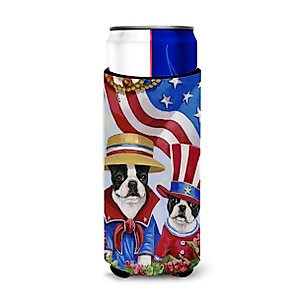 Caroline's Treasures PPP3038MUK Boston Terrier USA Ultra Hugger for slim cans Can Cooler Sleeve Hugger Machine Washable Drink Sleeve Hugger Collapsible Insulator Beverage Insulated Holder