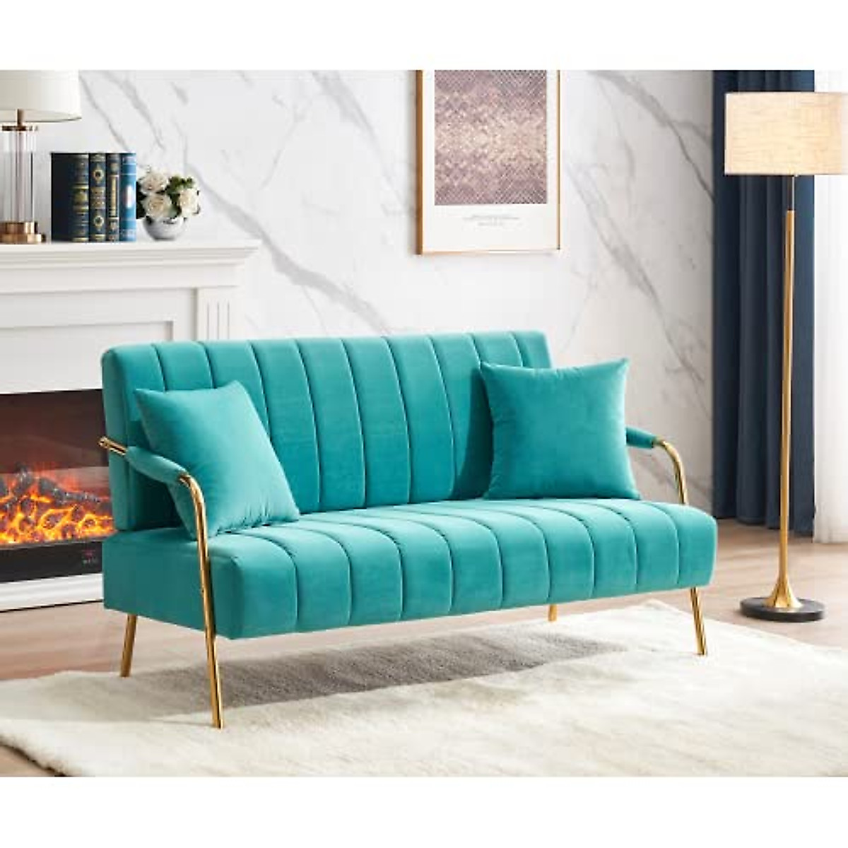 anwickjeff Velvet Loveseat Sofa with 2 Throw Pillows, Fabric Sofa with Metal Legs for Small Space Tufted Cushions Soft Sectional 2-Seat Couch for Living Room, Office, Apartment (Blue)