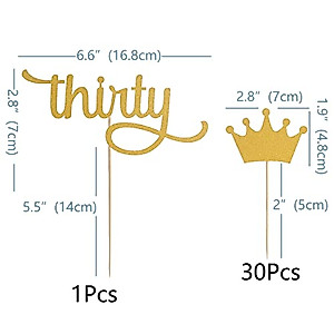 Gold Thirty Cake Topper Set - 1 Pcs f Gold Glitter Thirty Cake Topper And 30 Pcs Crown Cupcake Topper, Single-side Gold Glitter Paper 30th Birthday Men and Women Party Cake Decoration (gold03)