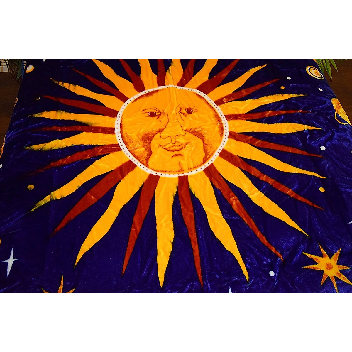 Outerspace Cosmo Sun Moon Stars Blue Luxury Super Soft Medium Weight Queen Size Mink Blanket 1ply