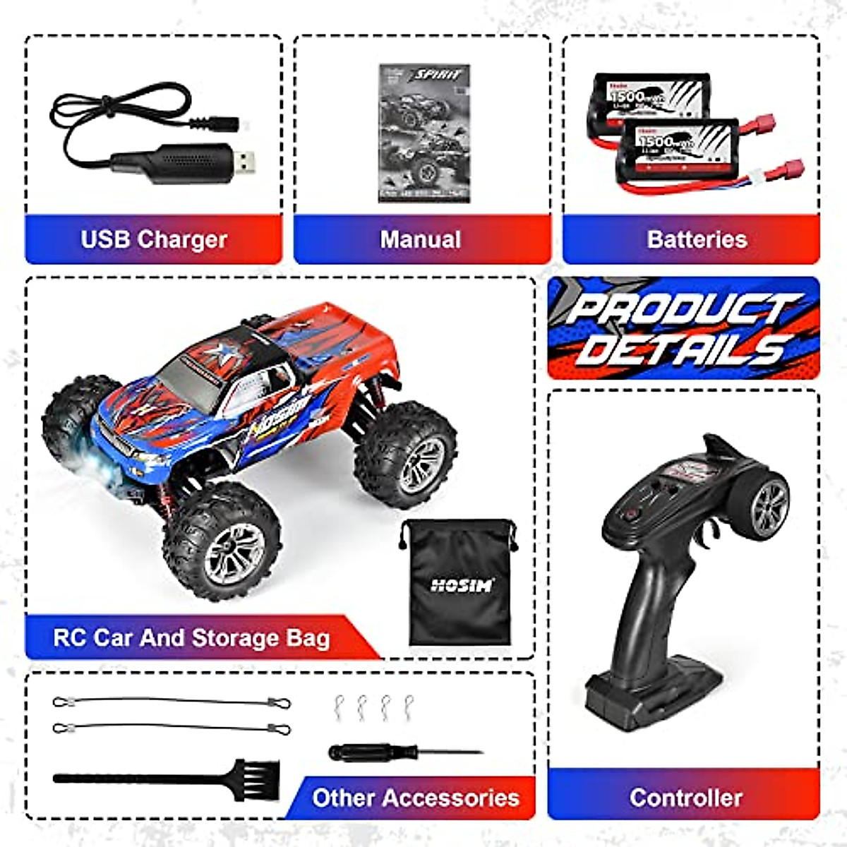 Hosim RC 4x4 Off Road Cars with 2 Batteries 1:16 All Terrain RC Monster Truck 40+ km/h Fast Buggy Remote Control Car for Adults and Children (Red)