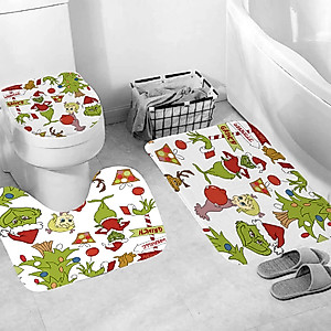 Teunix 4 Pcs Christmas Shower Curtain Set with Non-Slip Rugs, Toilet Lid Cover and Bath Mat, Christmas Decor for Bathroom, Christmas Bathroom Home Decorations with Hooks 71'' x 71'' (White)